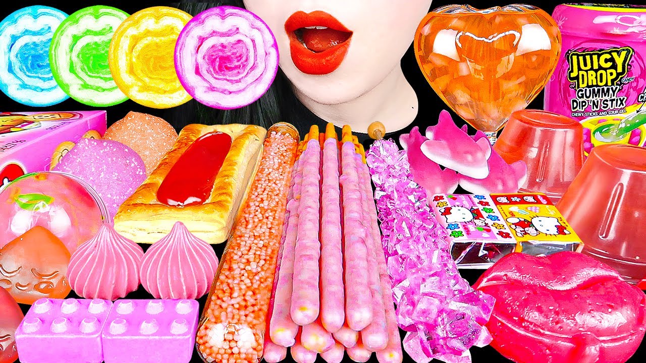 ASMR RAINBOW PINK FOODS SNACK 다양한 핑크음식 먹방 RAINBOW COTTON CANDY PINK ...