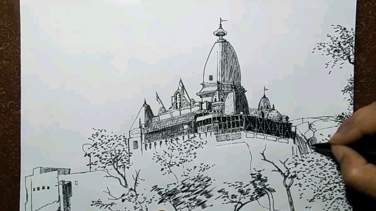 How to draw Mansa Devi Temple || Haridwar || Step by step pen drawing ...