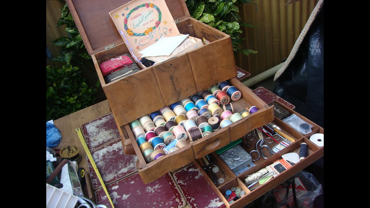 Antique Vintage WOODEN Sewing Box With DRAWERS WITH Contents Cotton ...