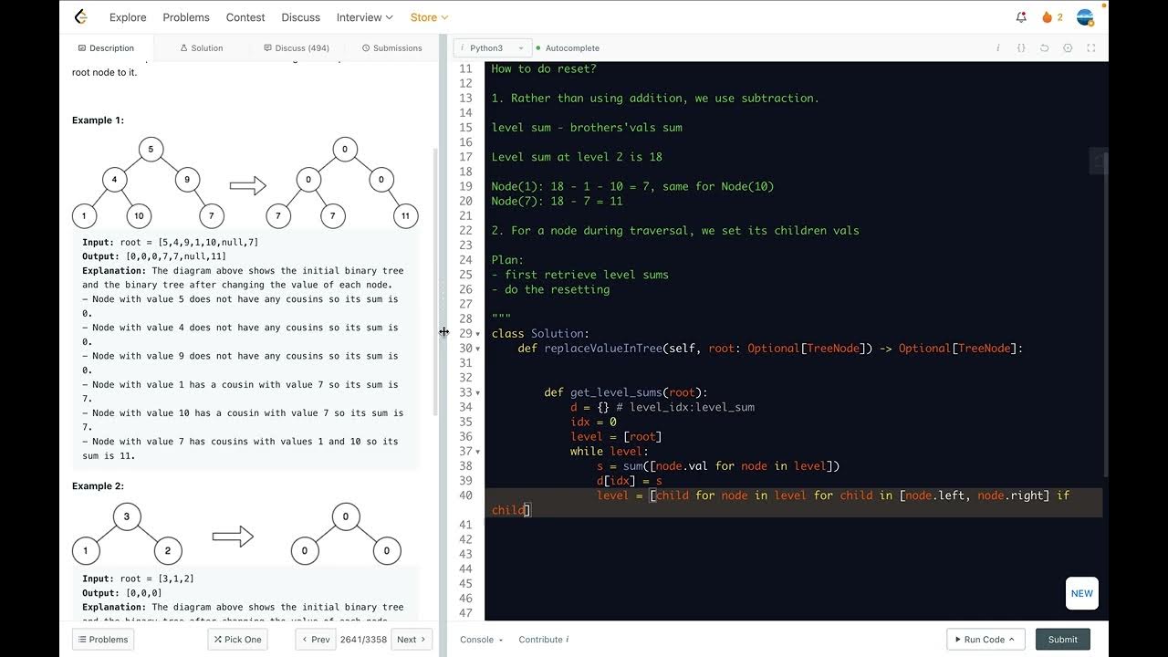 2641 Cousins in Binary Tree II | level order traversal, some comments - YouTube