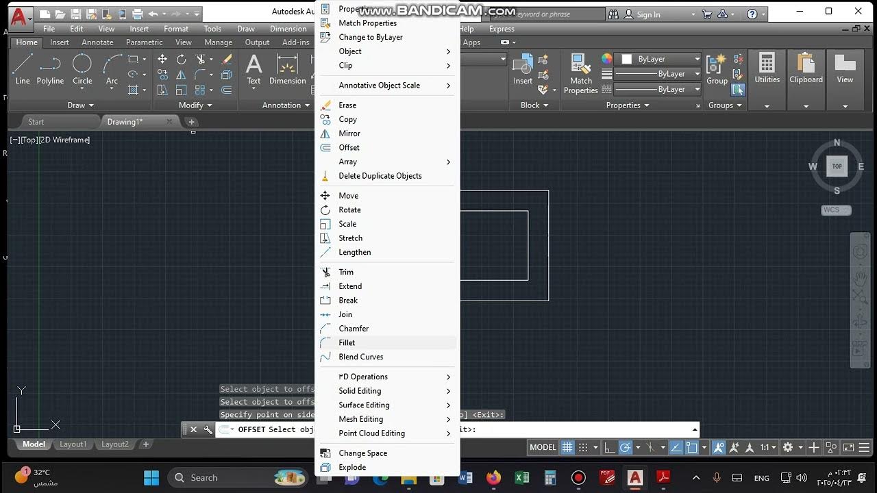 اوامر التعديل Modify , اوامر Offset , fillet , Chamfer , trim الجزء الثانى للصف الثالث ث - YouTube