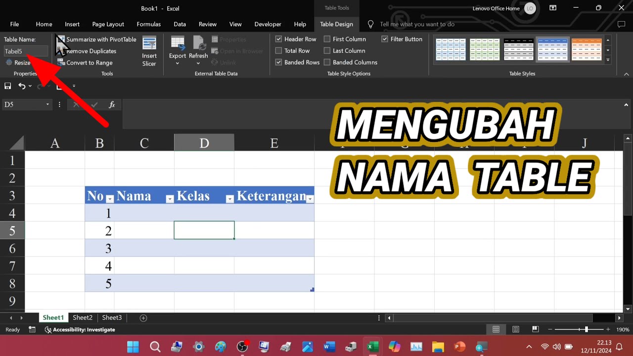 Tutorial Mengubah Nama Tabel (Table Name) di Microsoft Excel - Laptop ...
