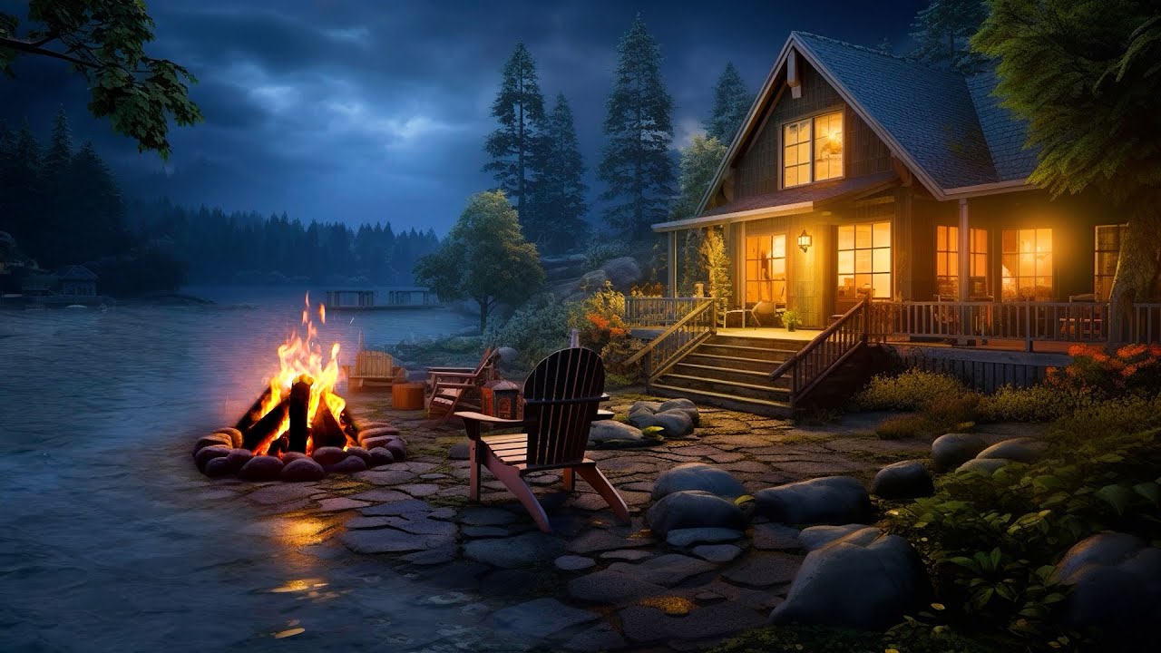 Fireplace By The Lake Crackling Fire Sound And Sound of Water Relaxing ...