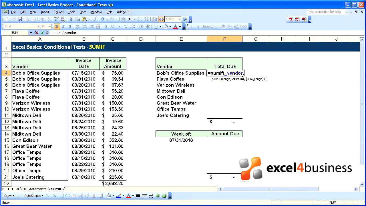 Excel Basics 027 Conditional Tests Sumif Youtube