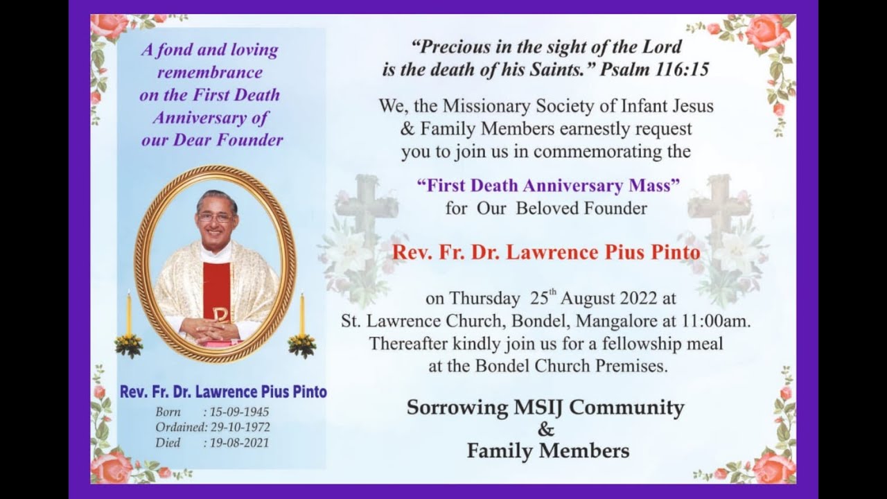 First Death Anniversary Of Rev. Fr Dr. Lawrence Pius Pinto | 25th Aug ...
