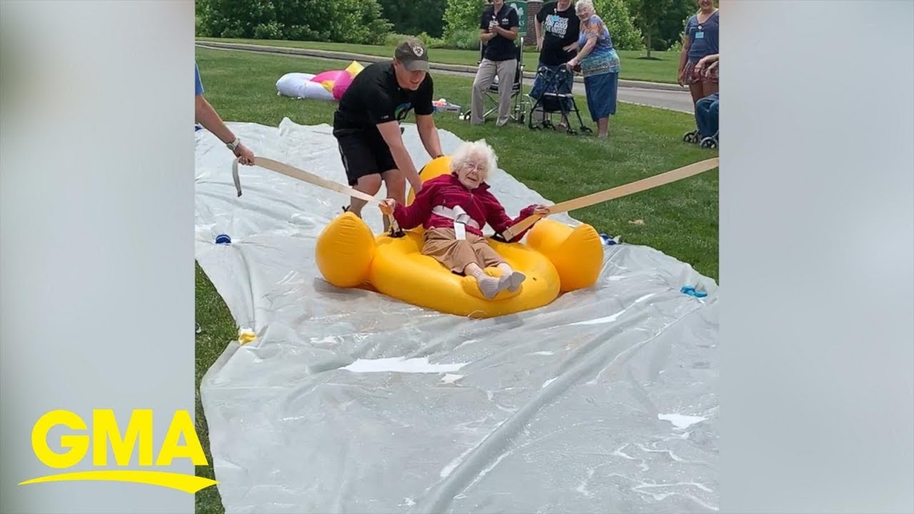 Senior citizens slip and slide into the summer in viral video | GMA ...
