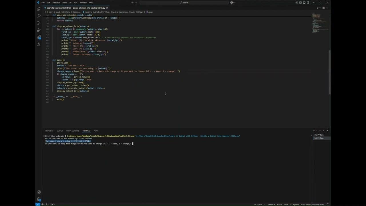 Learn to Subnet with Python: Divide a /24 Subnet into Smaller Subnets - YouTube