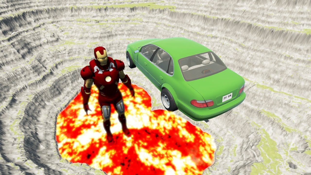 Leap of Death Cars Jumps & Falls into Lava Giant Iron Man #187 | BeamNG ...