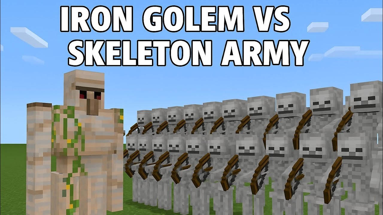 Minecraft iron golem vs skeleton army - YouTube