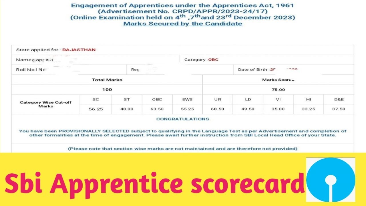 sbi Apprentice cut off 2023 with scorecard - YouTube