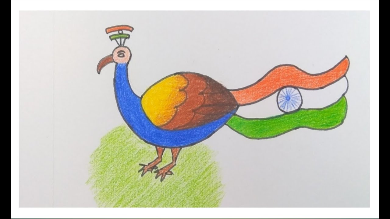 How to draw peacock with flag for kids | national bird Drawing ...