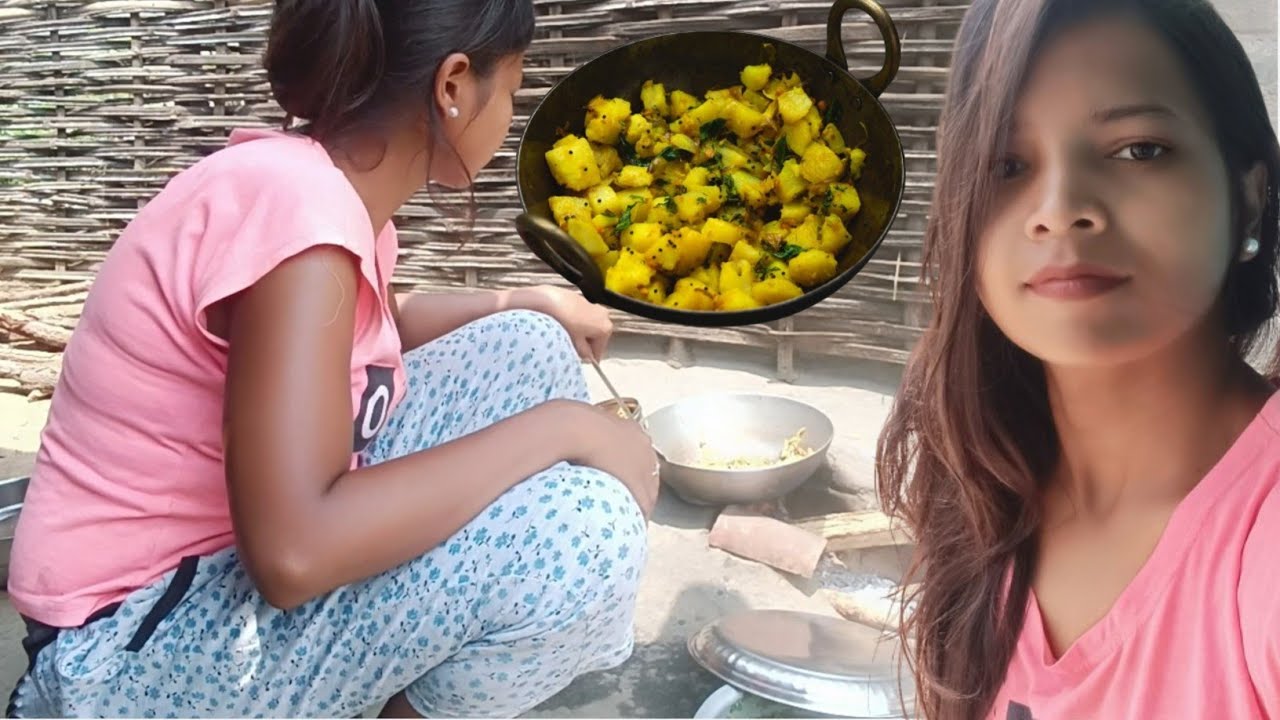 A poor village girl cooking Aloo fry and bhaji || Village cooking ...