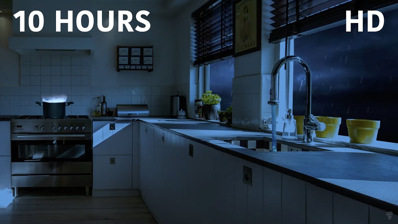 Room Ambience: KITCHEN AT NIGHT SCENE with pot cooking, running water ...