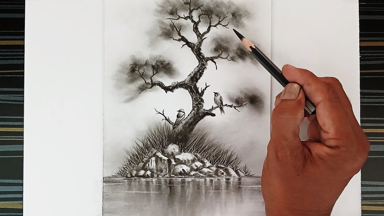 How to draw tree and birds with easy ways by pencil. - YouTube