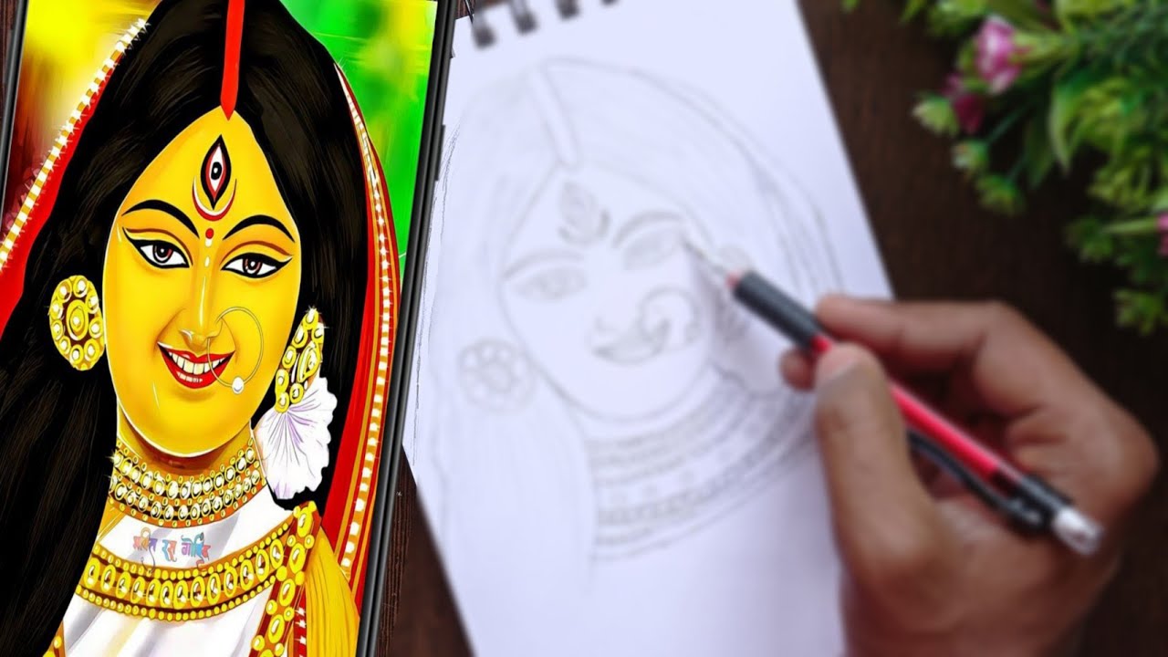 how to draw Durga maa outline, step by step tutorial,real time video ...