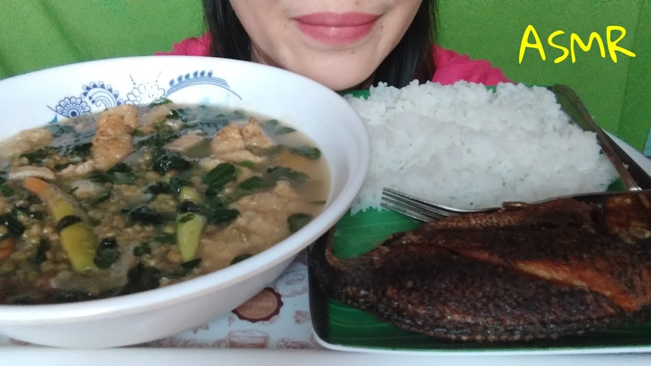 ASMR MUKBANG GINISANG MONGGO+CHICHARON+MALUNGGAY+PRITONG TILAPIA ...