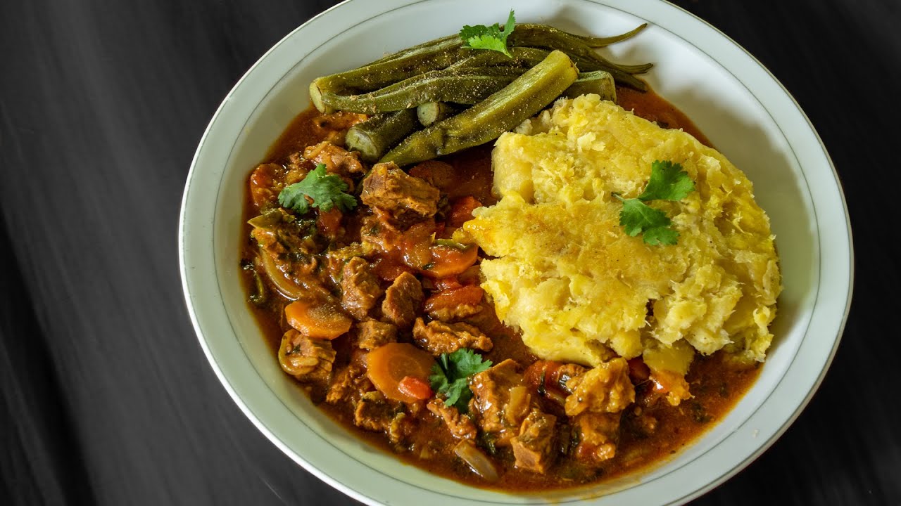Ugandan food Matoke with Beef Stew and Okra - watch my style how I cook ...