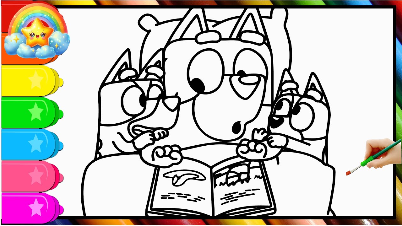 Bluey and Bingo in bed with their dad reading a bedtime story | Drawing ...