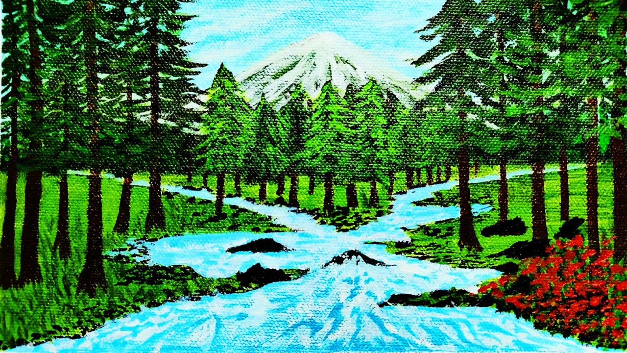 Mountain river forest scenery drawing painting / acrylic painting for ...