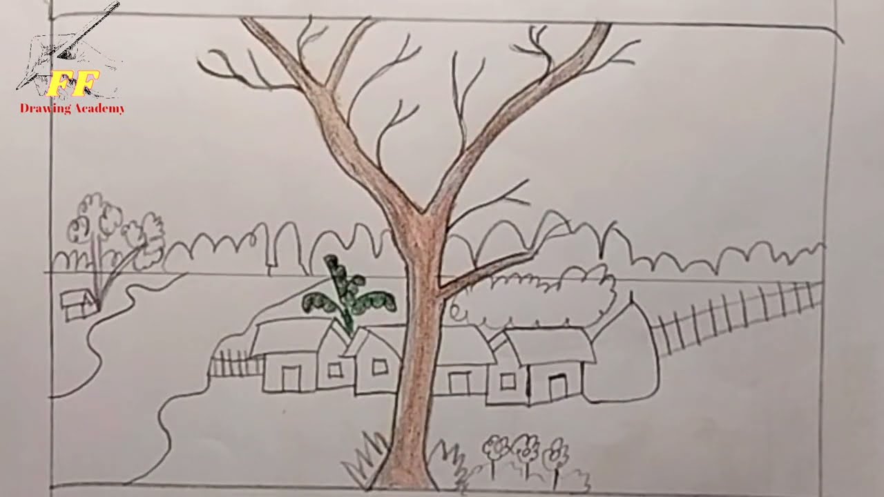 How to draw scenery of spring season step by step || Village spring ...