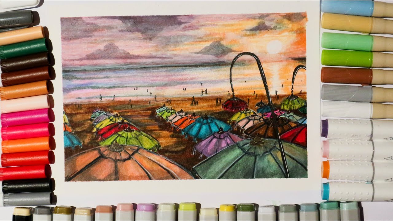 Beach Drawing | Markers & Brush Pen Painting Look | Beach Vibes - YouTube