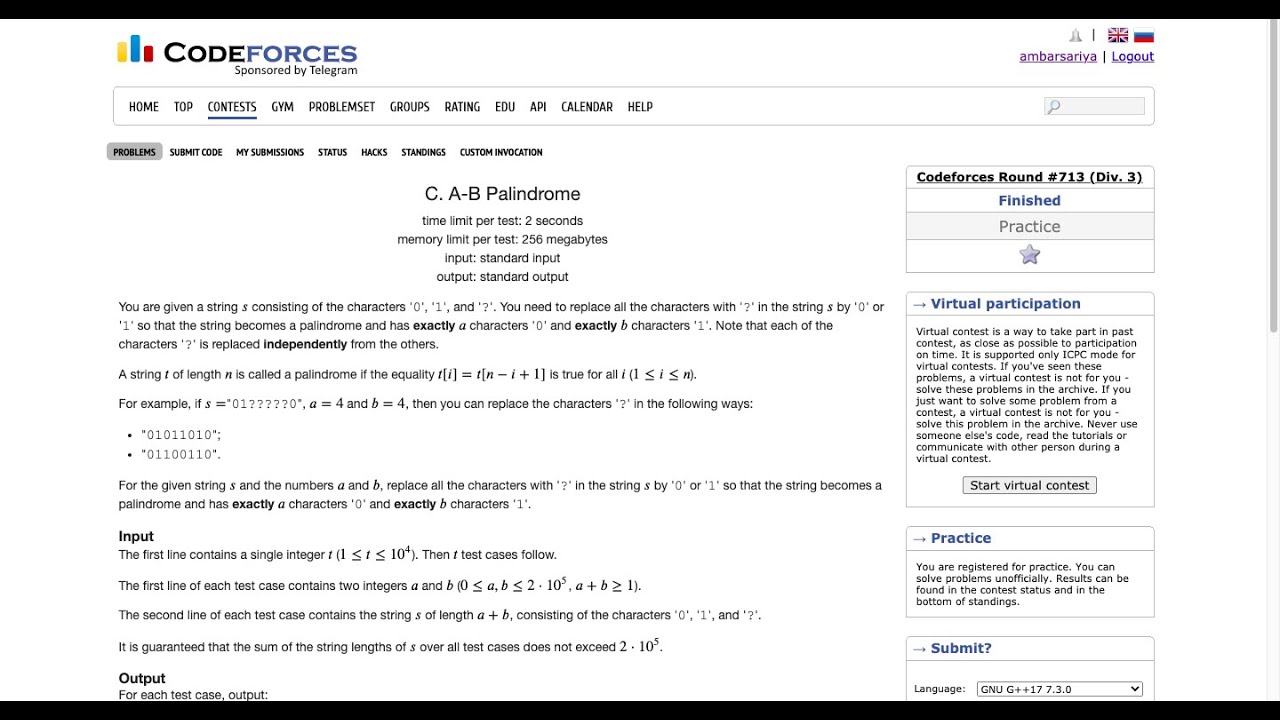 A B Palindrome Problem C Codeforces Round 713 Div 3 Video Editorial Youtube