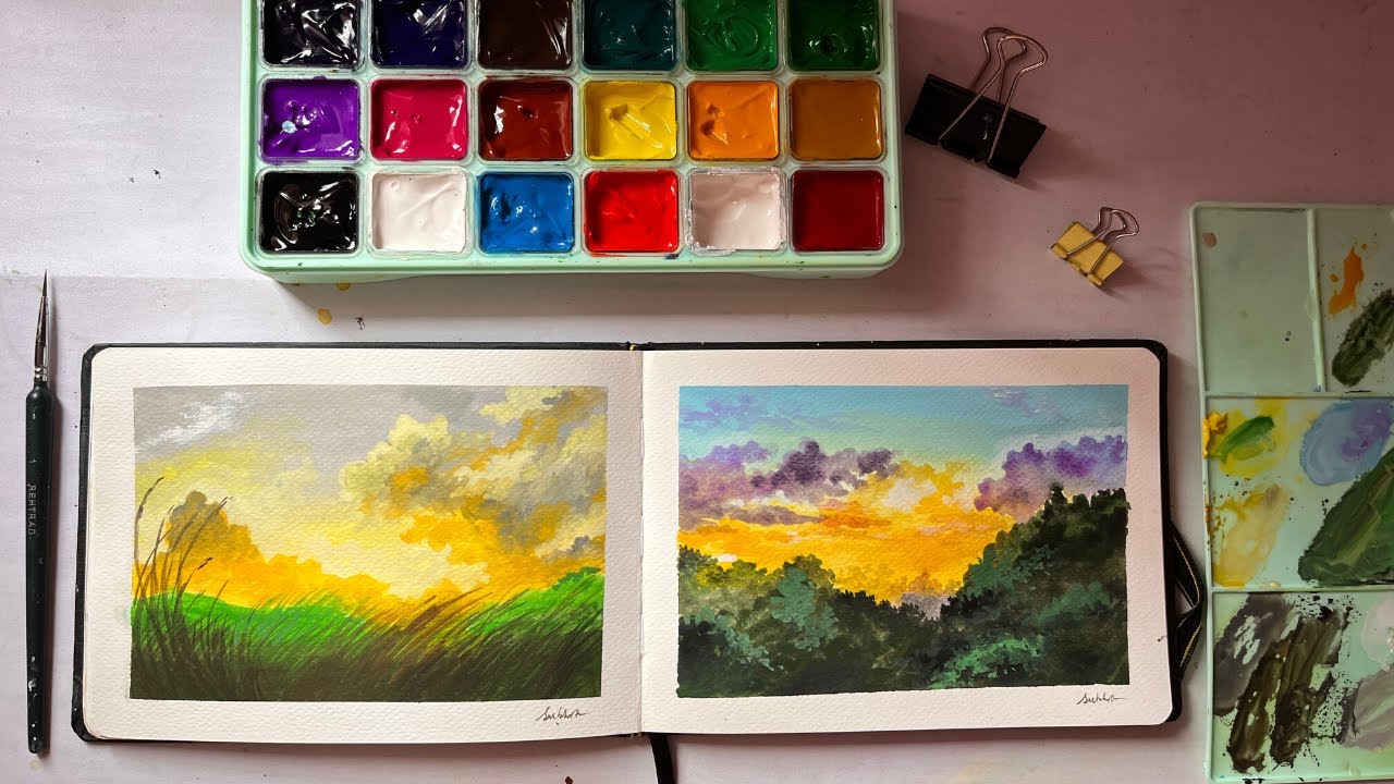 🍀 Painting Studio Ghibli Sunset with Jelly Gouache | Ghibli sunset 🌅 ...