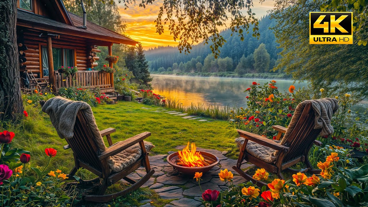 Dream Cabin by the River at Sunset with Birdsong | Relaxing Nature ...