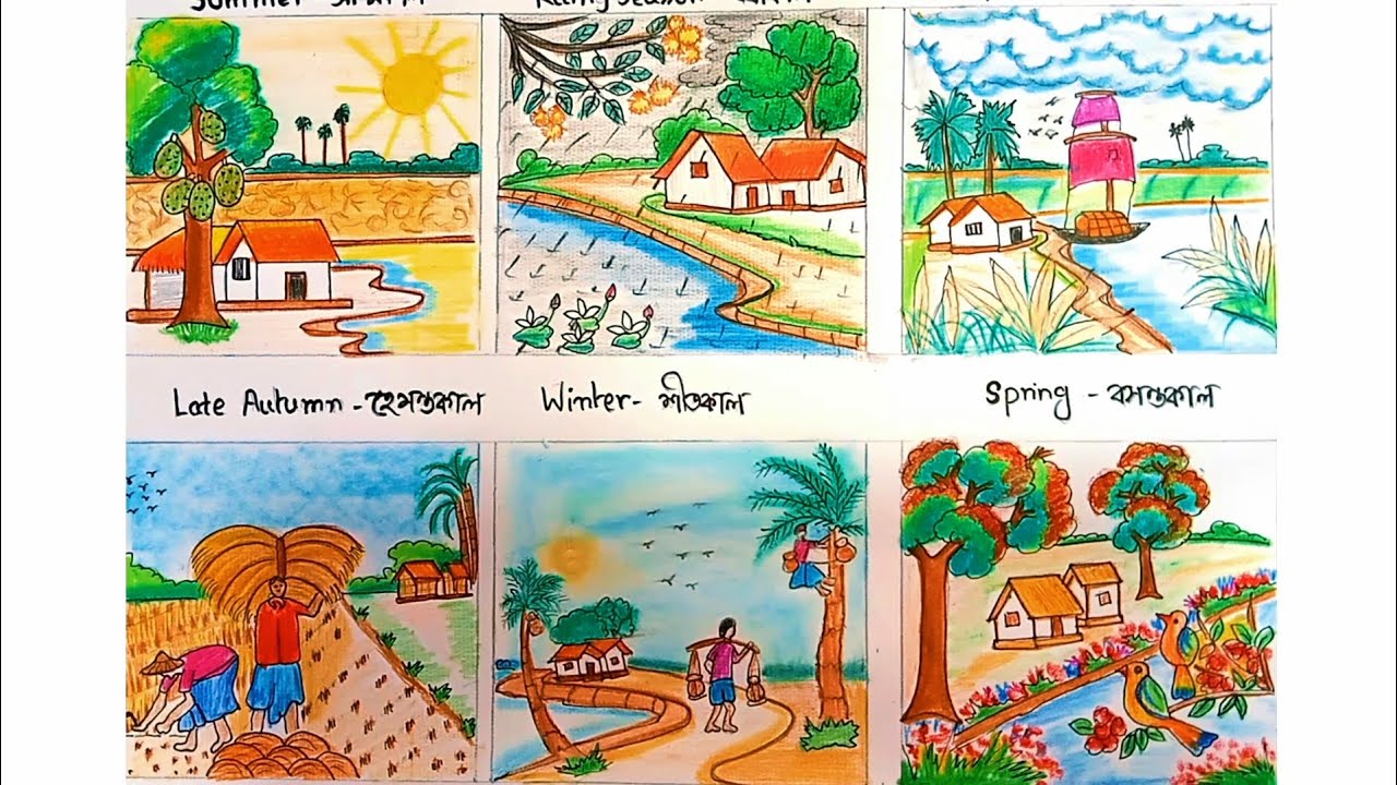 Drawing a beautiful village scenery step by step ( six seasons beauty ...