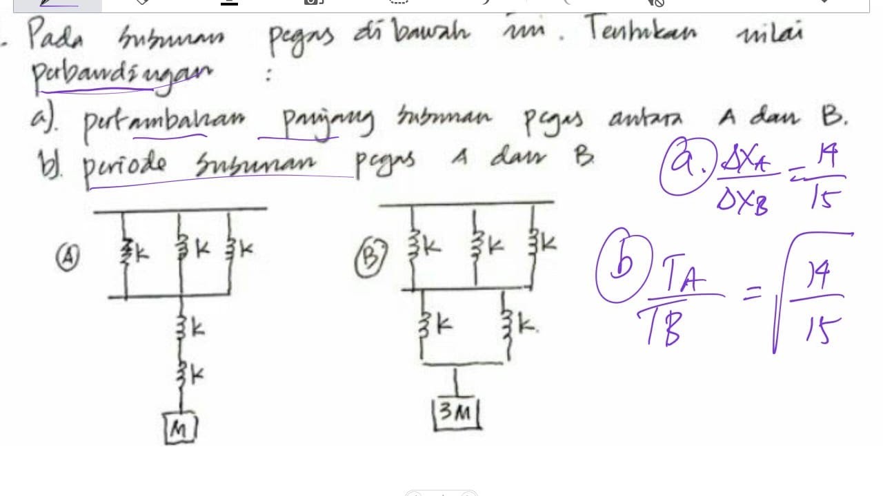 Menghitung perbandingan pertambahan panjang pegas A dan B serta ...
