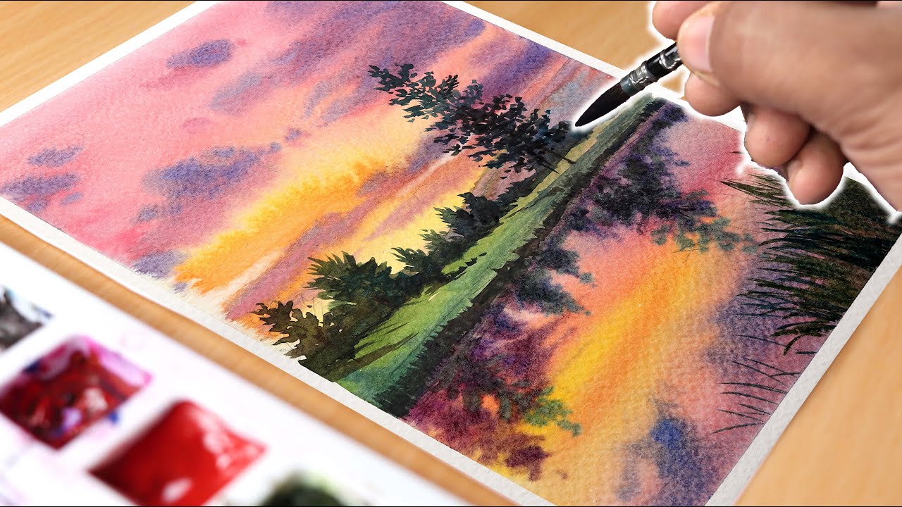 Beautiful Watercolor Painting of Sunset Evening Tree Landscape - YouTube
