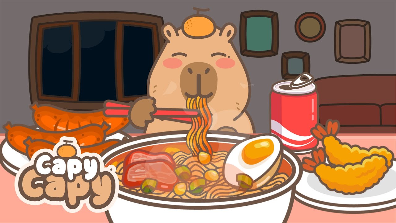 Capy Capy / Capybara cartoon / Ramen, sausage, fried shrimp and soda ...