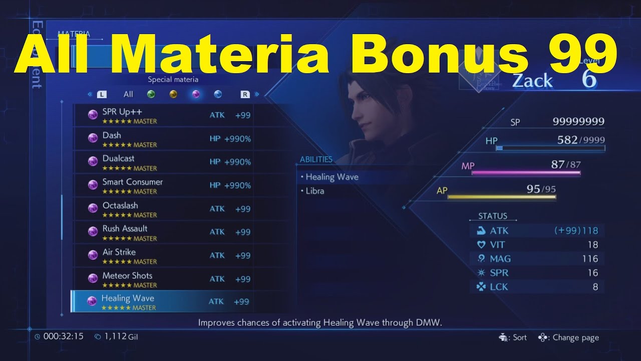 Crisis Core: Final Fantasy VII All Materia Bonus Stats 99 - YouTube