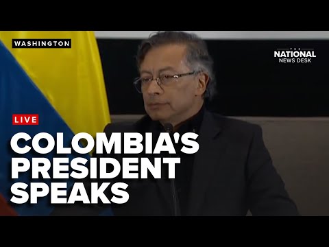 Colombian President Gustavo Petro holds a press conference following meeting with Trump