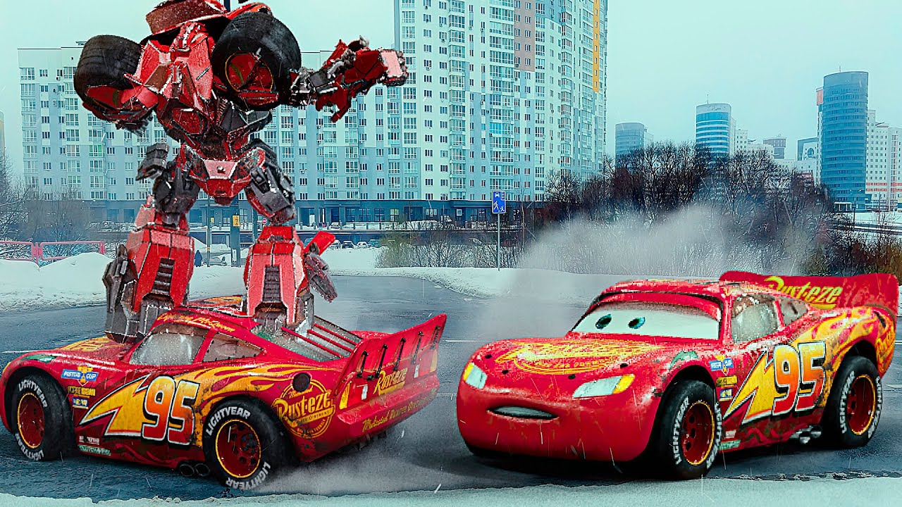 Lightning McQueen TRANSFORMERS in Real Life on Road cars 4PIXAR 2024 ...