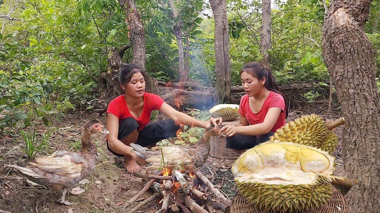 Survival catch and cook: Duck spicy grilled and Ripe durian for dinner ...