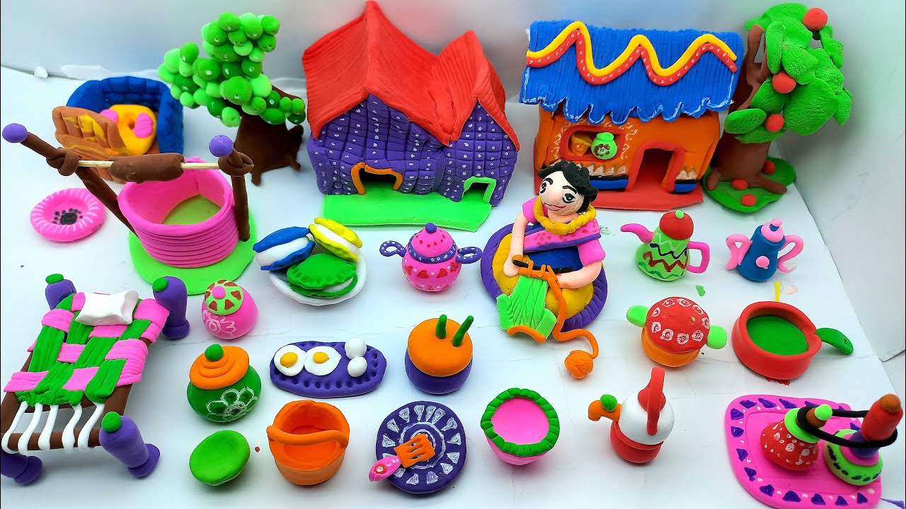 DIY How to make polymer clay village house, Kitchen sat, washroom set ...