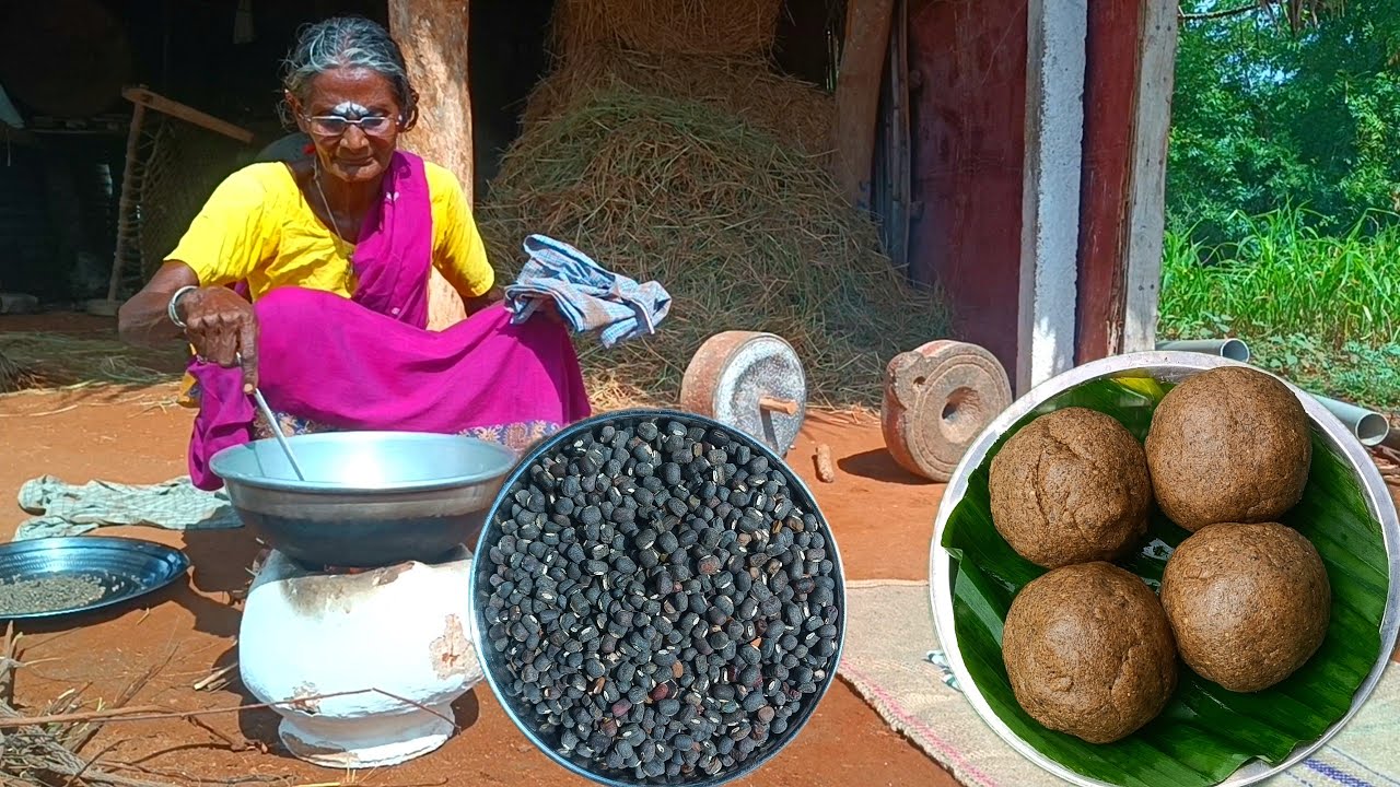 Village grandma cooking for urad dal sweet kali, traditional cook with ...