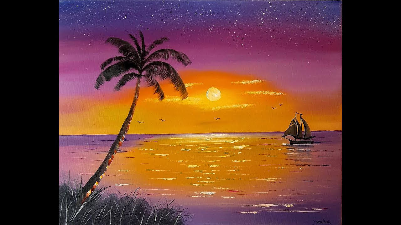 Step By step Sunset Beach landscape Ocean/ Sunset Beach paint For ...