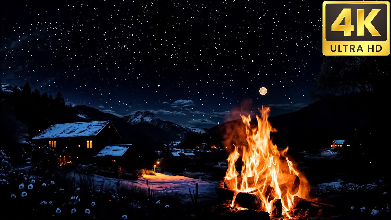 Relaxing Winter Night Ambience | Crackling Fireplace, Snowy Mountain ...