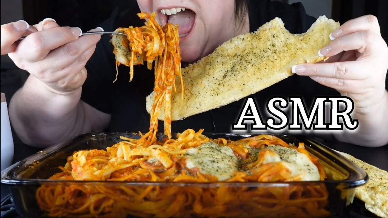 ASMR CHEESY Pasta and Garlic Bread! (Amazing Eating Sounds) - YouTube