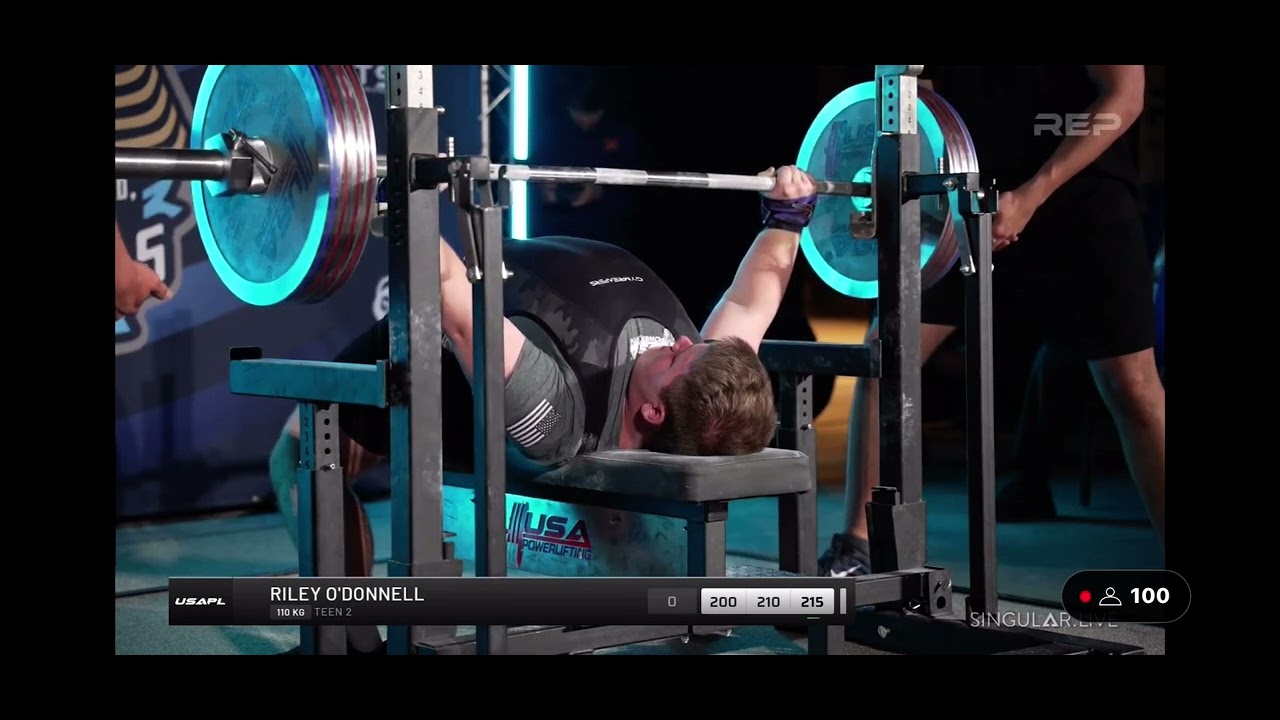 Riley O’Donnell 215kg/474lb official bench press world record at 16 ...