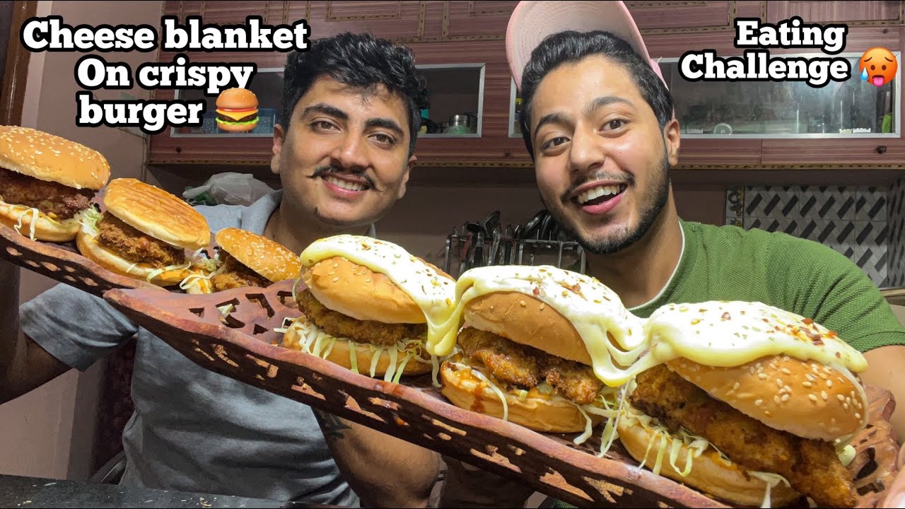 Cheese blanket on Crispy kfc burger eating challenge | Kfc type burger ...