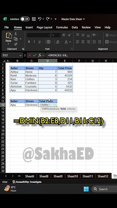 How to Use DMIN Function in Excel | Extract Minimum Value Based on Criteria | SakhaED - YouTube