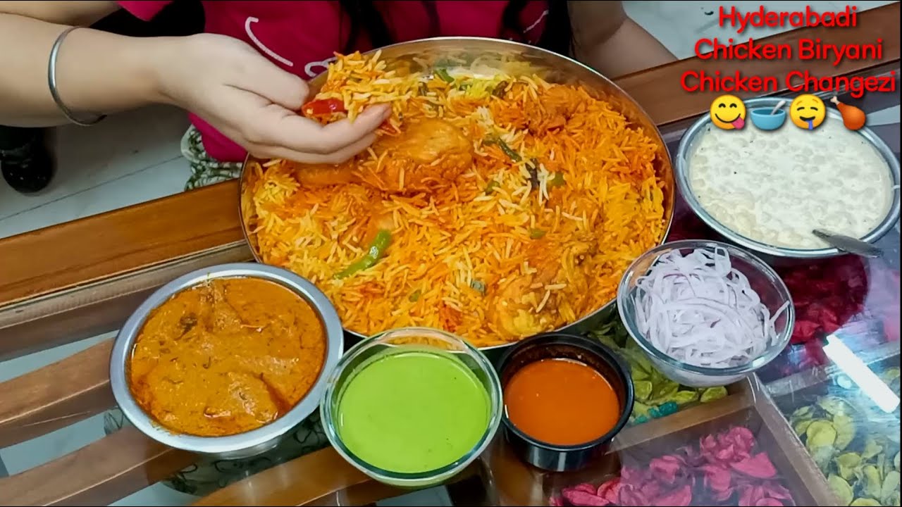 Real Mukbang: Eating Hyderabadi Chicken Briyani, Chicken Changezi,Riata ...