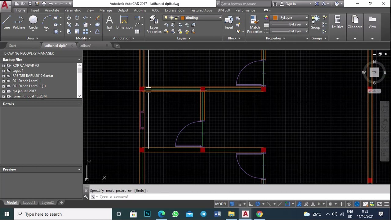 menggambar denah dengan AutoCAD : Membuat Dinding - YouTube