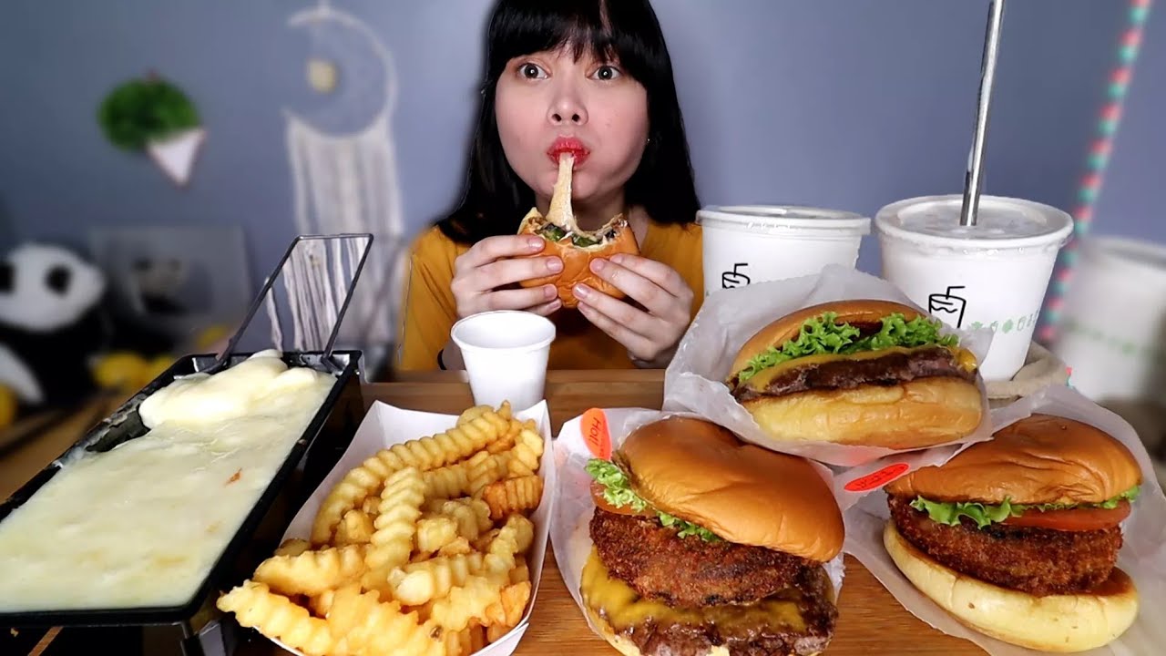 SHAKE SHACK MUKBANG | shack burger, shroom burger, shack stack burger ...