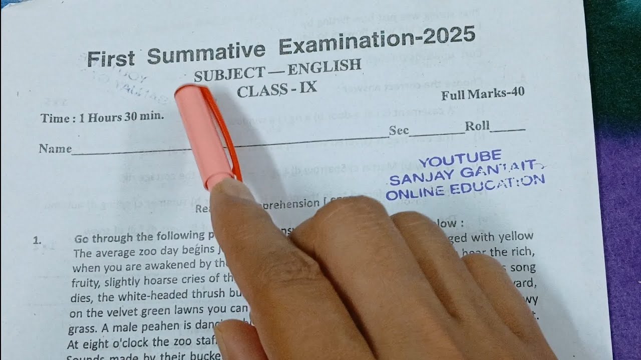 class 9 english 1st unit test question paper 2025 | class 9 english 1st ...