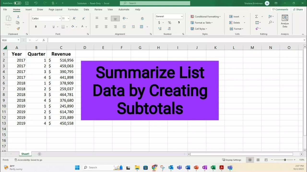 Summarize List Data by Creating Subtotals - YouTube