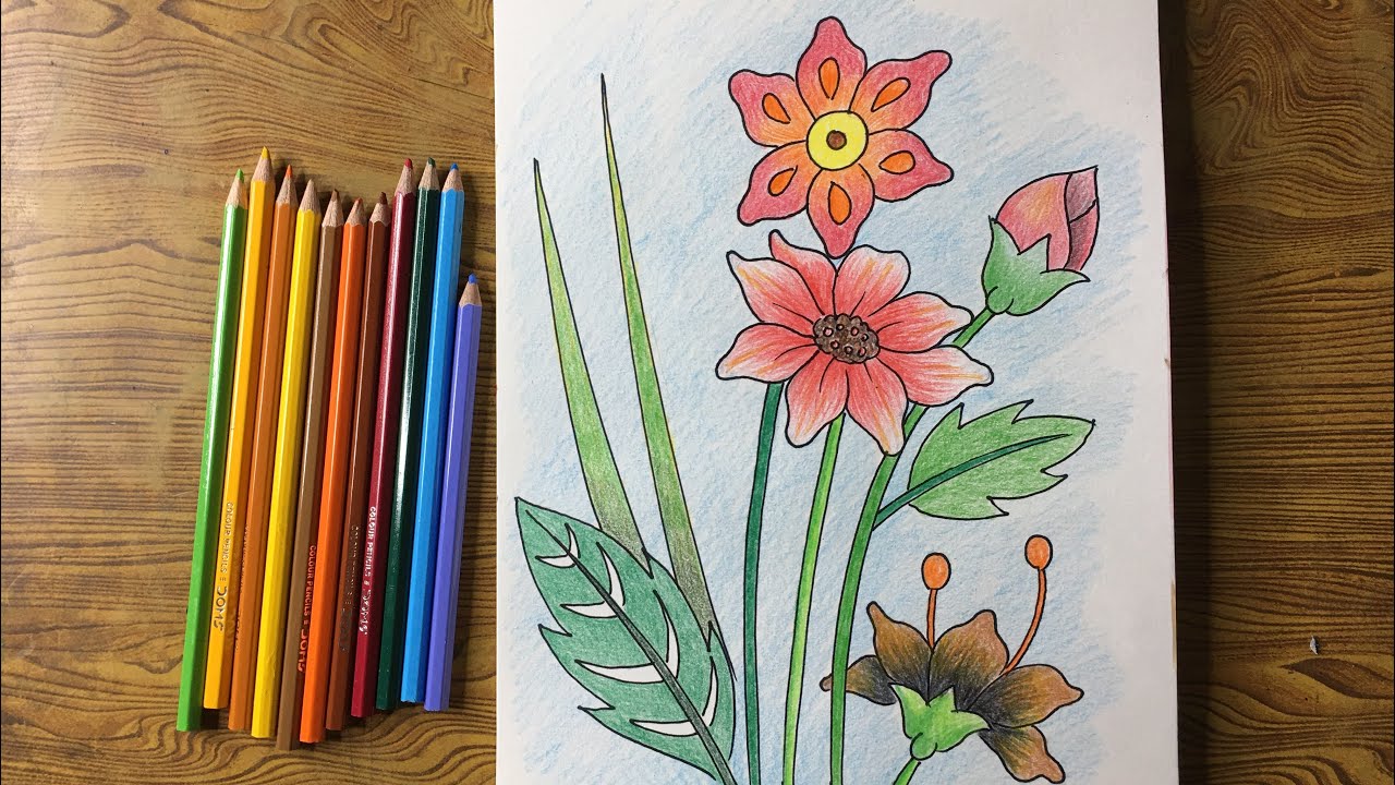 How to draw flowers bunch / pencil colour drawing / class- 5 - YouTube